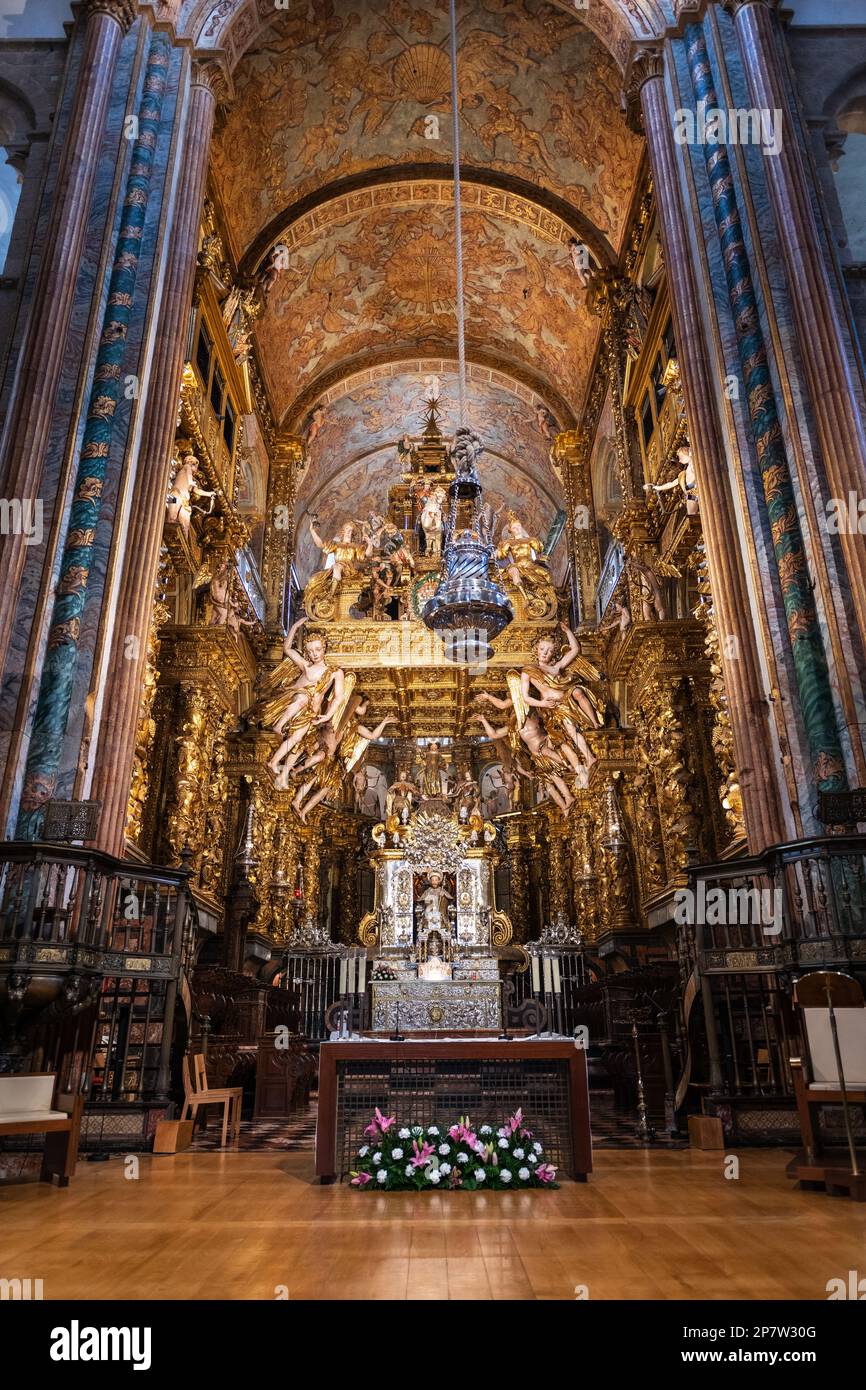 Main altar inside the cathedral of Santiago de Compostela (ca. 1211), a ...