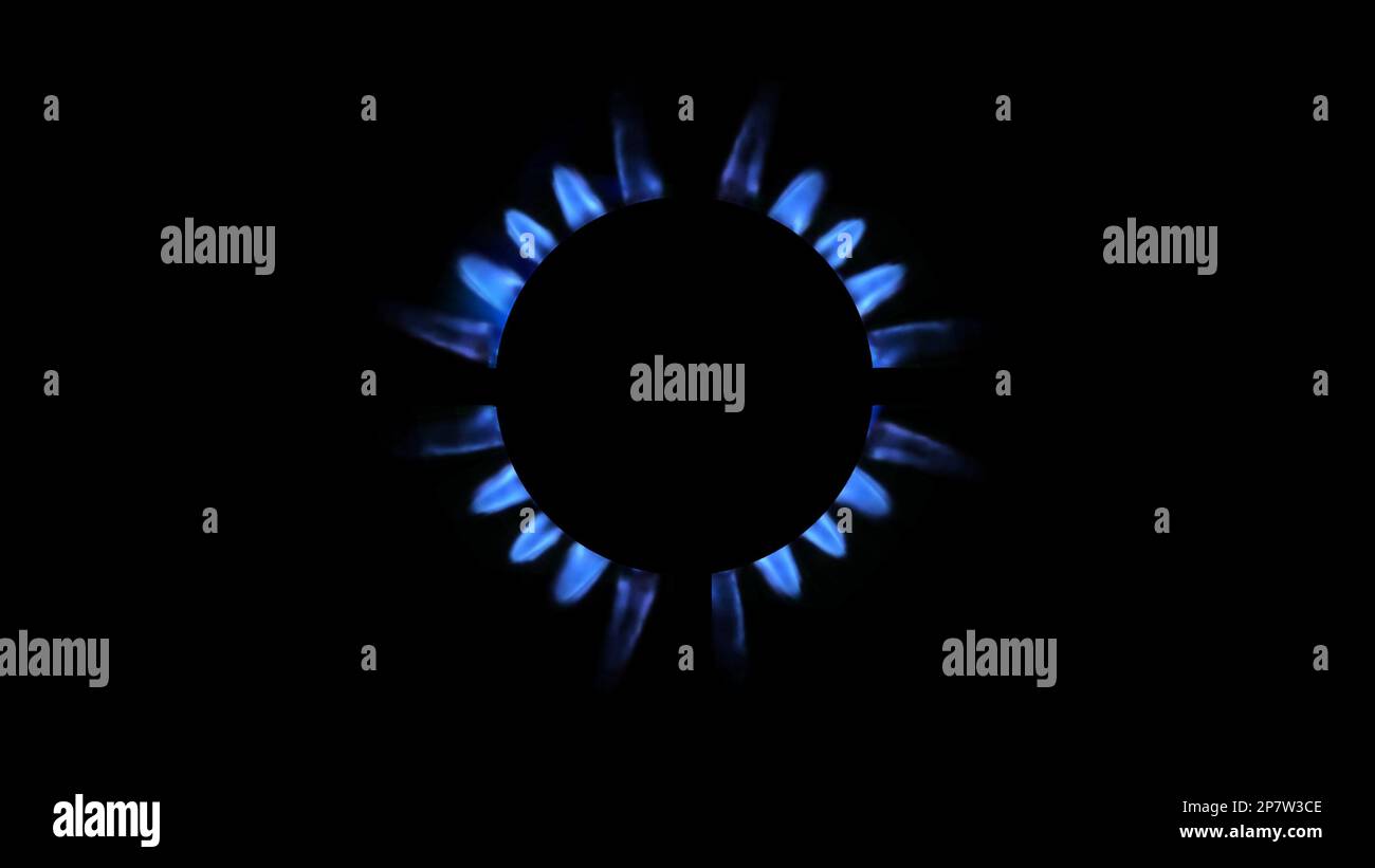 3D rendering of a kitchen burner glowing at night, close up. Natural ...