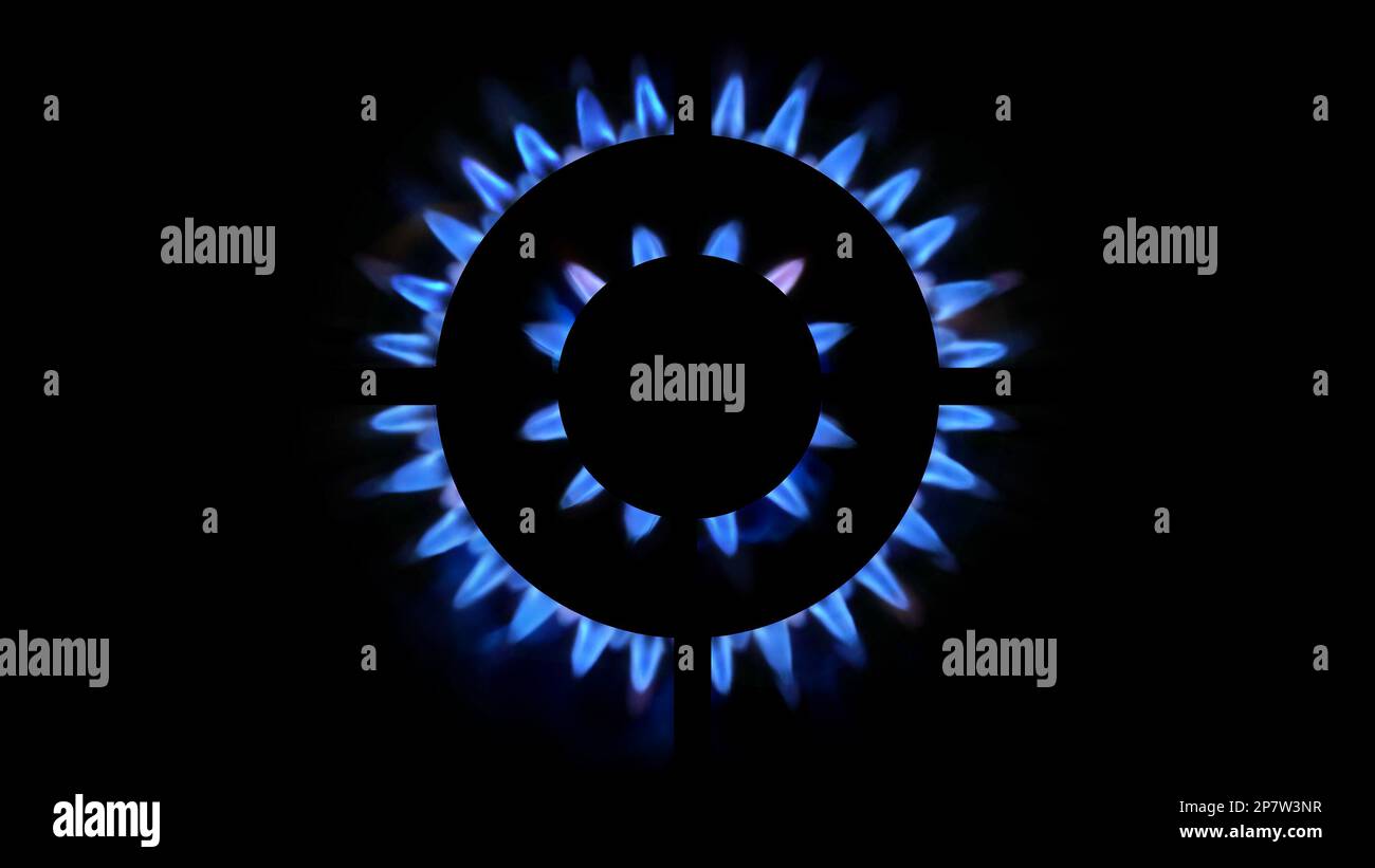 3D rendering of a kitchen burner glowing at night, close up. Natural ...