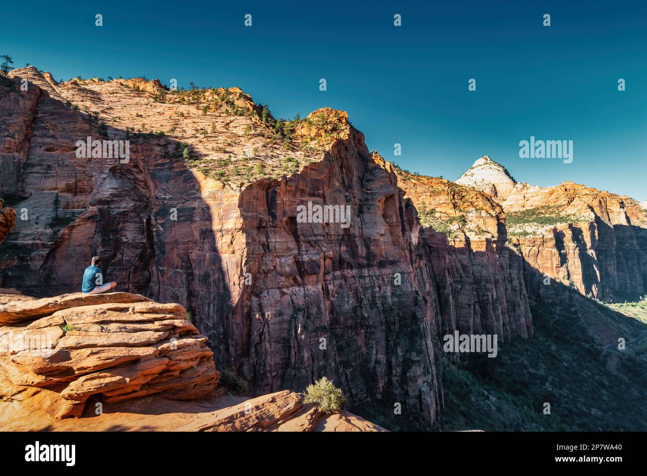 Hiker looks at view at Canyon Overlook in Zion National Park in Utah ...