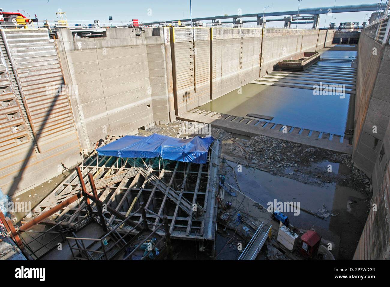 A huge lock gate lies at the bottom of the empty main lock chamber of ...