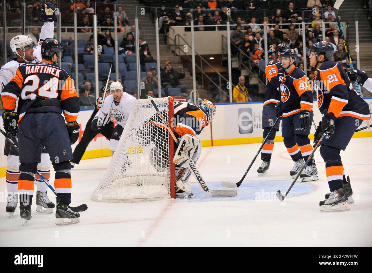 Edmonton Oilers' Ethan Moreau, left, celebrates his goal against New ...