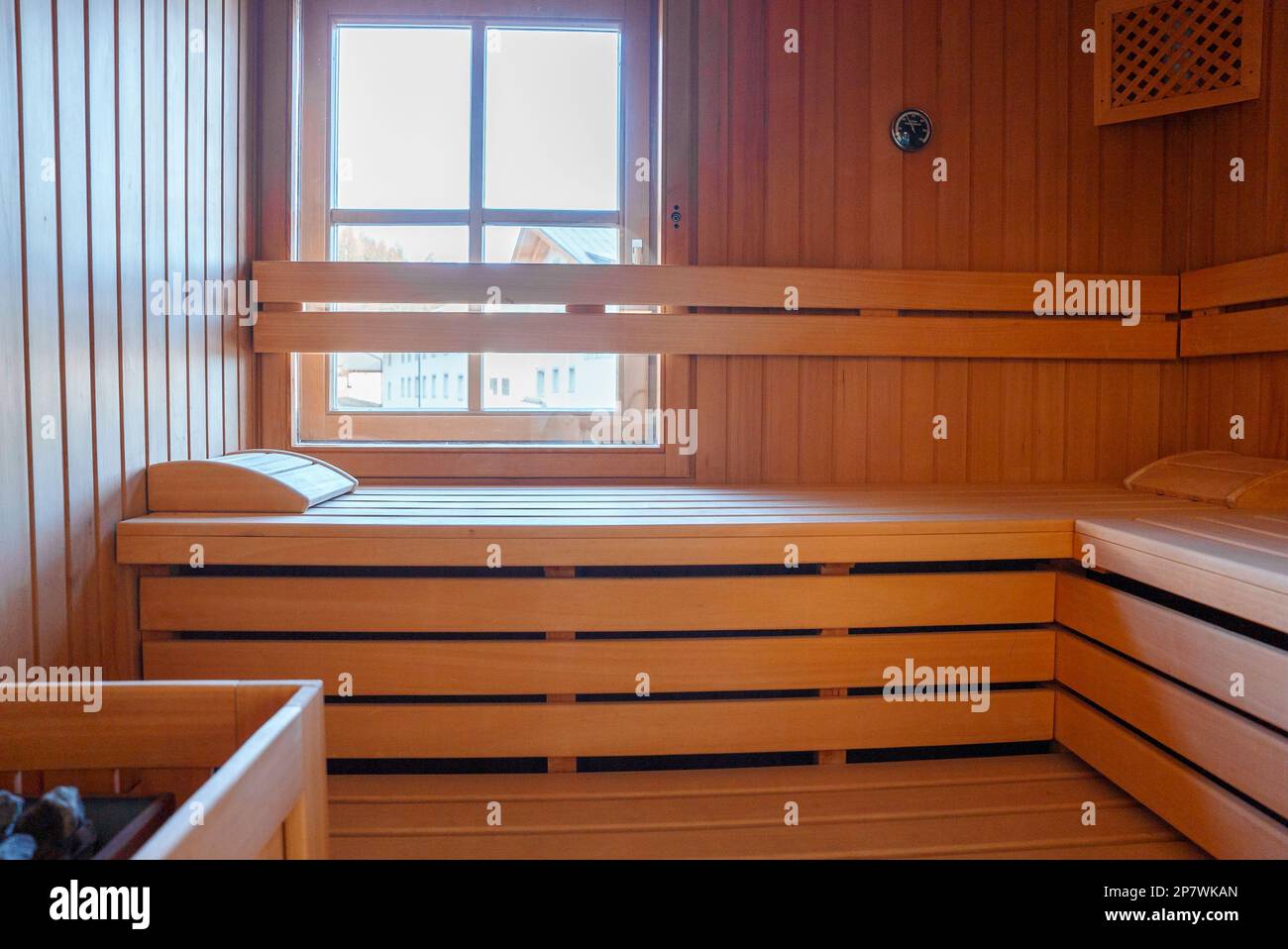 Interior of sauna with wooden wall and bench in modern hotel Stock ...