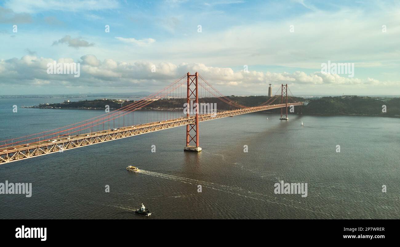 Aerial view of 25th April Bridge in Lisbon, Portugal. Famous landmark ...