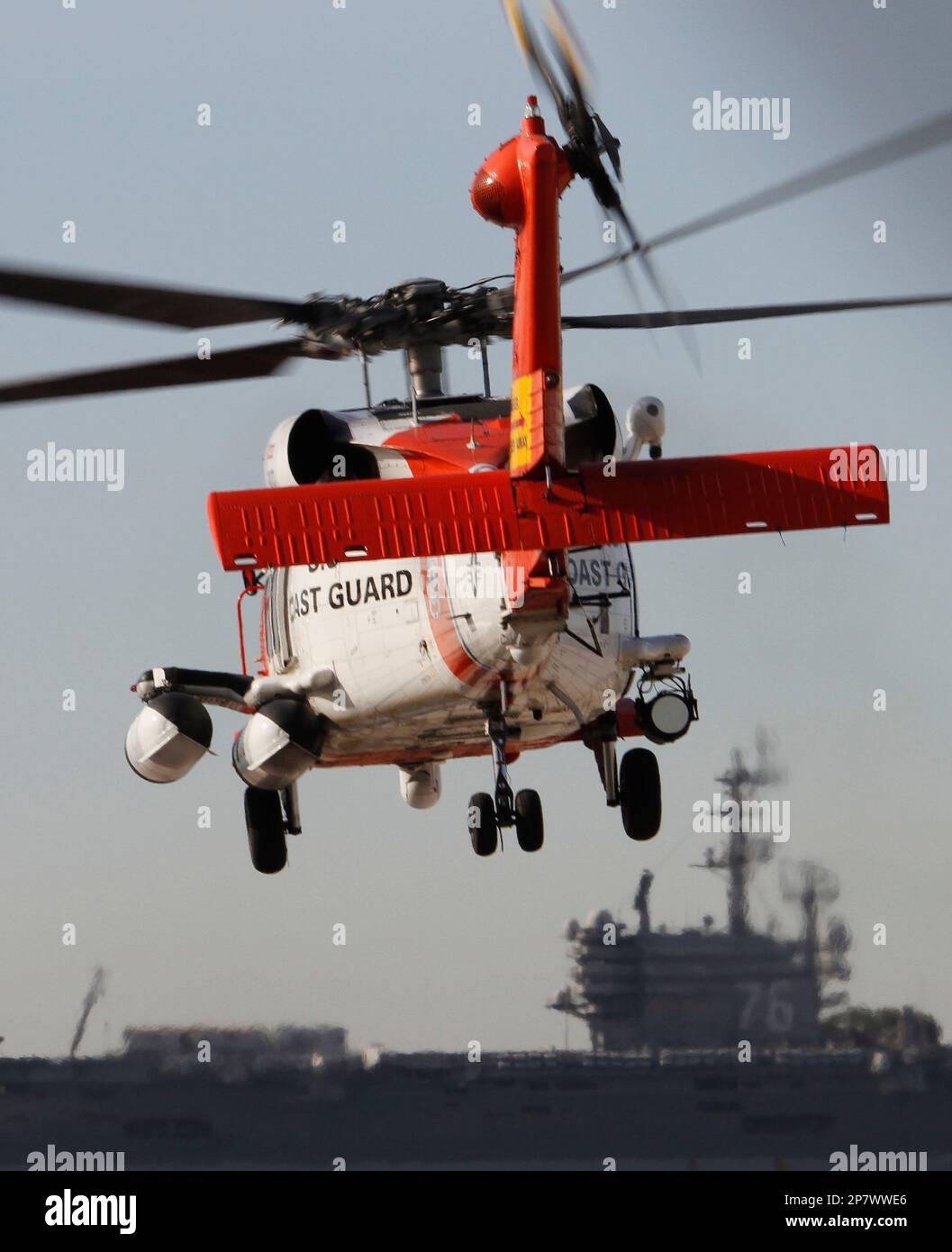 A U.S. Coast Guard MH-60 Jayhawk helicopter lifts off at the San Diego ...