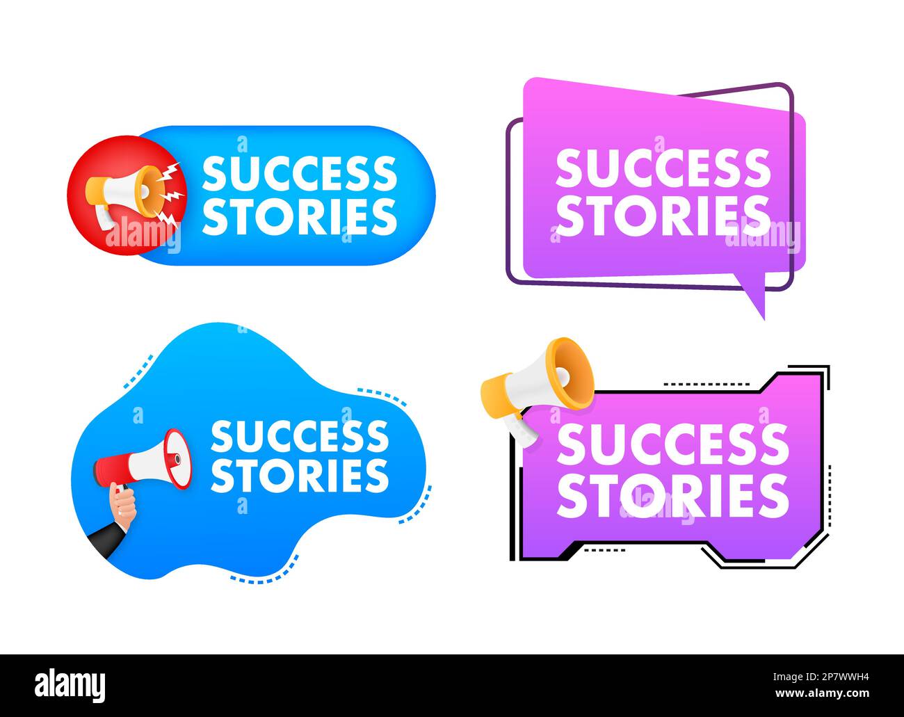 Megaphone label set with text Success stories. Megaphone in hand ...
