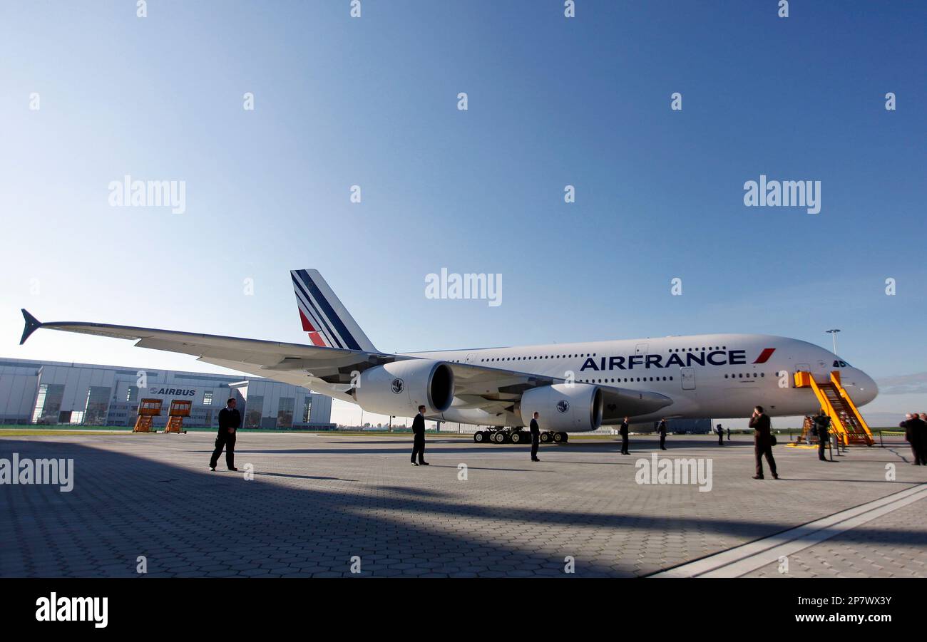 An Airbus A380 of Air France stands in the Airbus Facility in Hamburg ...