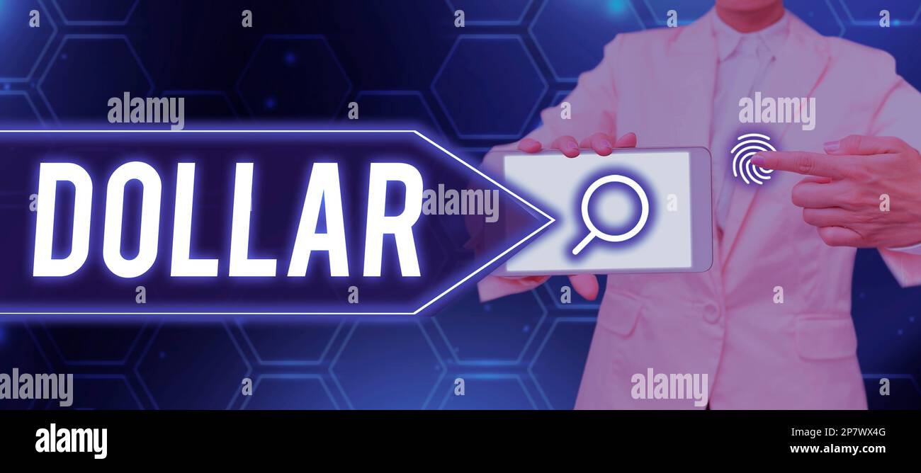 Text caption presenting Dollar. Word Written on a piece of paper money ...