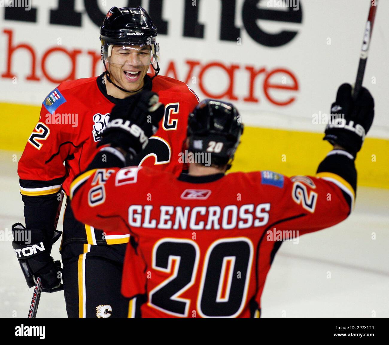 Calgary Flames' Jarome Iginla, left, celebrates his goal with teammate ...