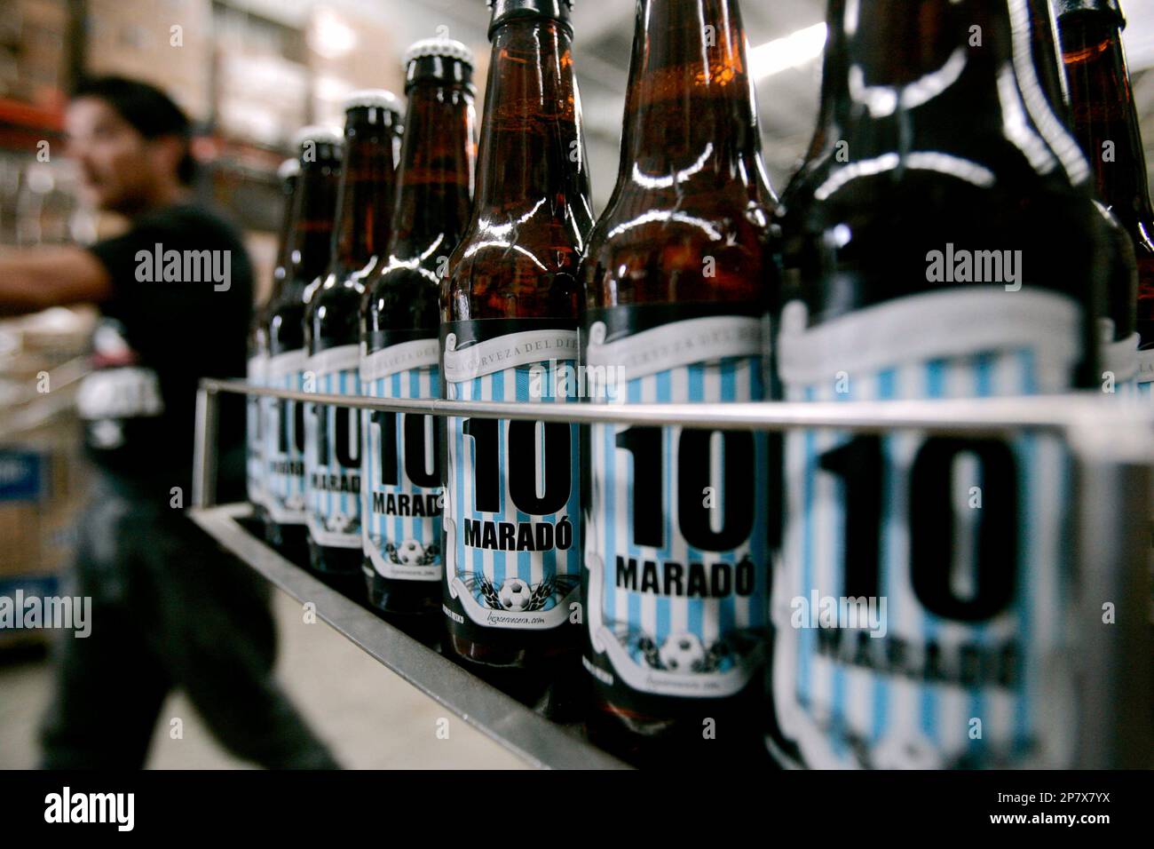 Bottles of the soon to be sold "10 Marado" beer, sit at the "Cerveceria ...