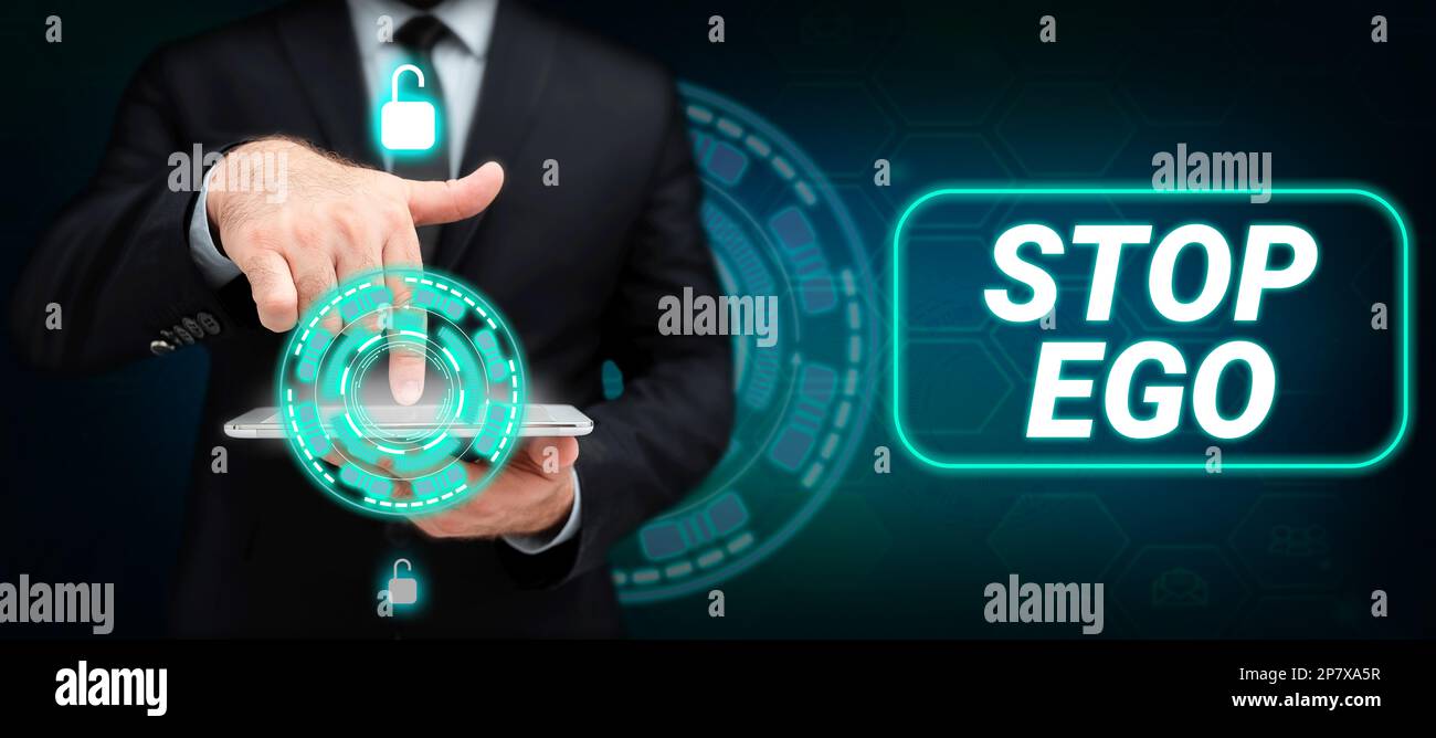 Text caption presenting Stop Ego. Concept meaning Control your ...