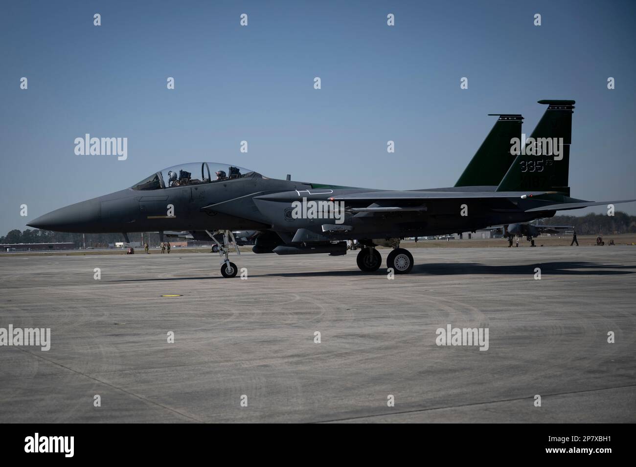 An F-15E Strike Eagle assigned to the 4th Fighter Wing taxis during ...