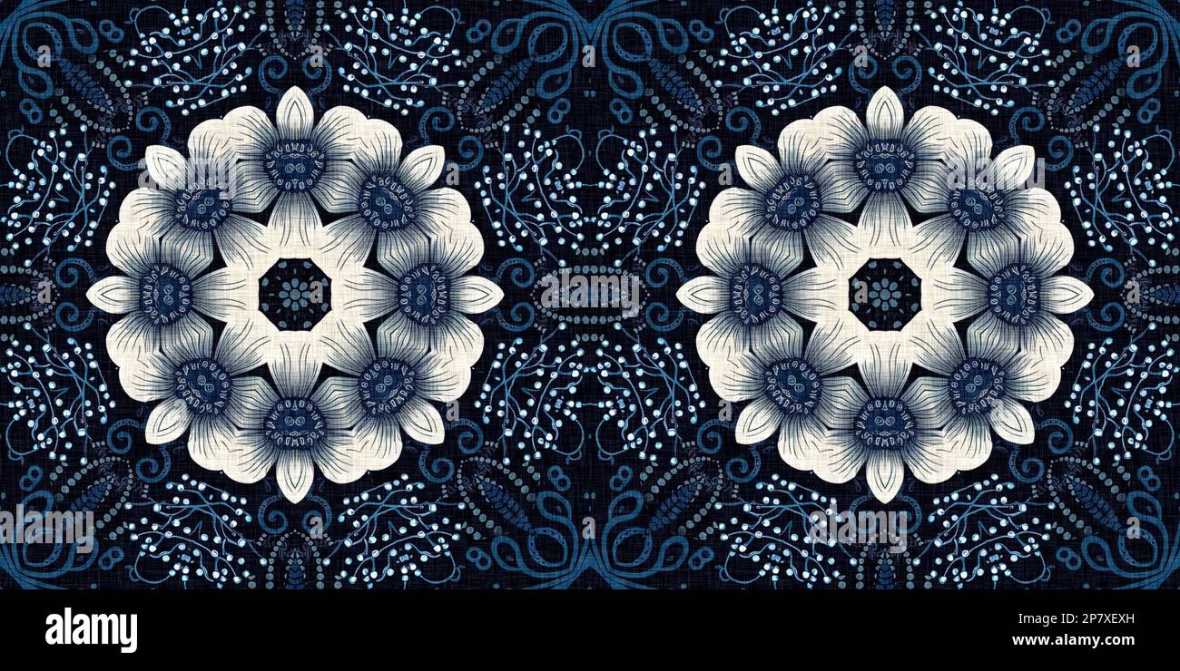 Retro indigo floral bandana 2 tone patterned fabric border background ...