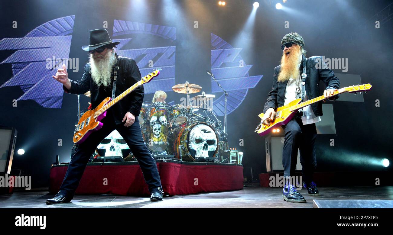 Dusty Hill, left, Billy Gibbons, right and drummer Frank Beard, rear ...