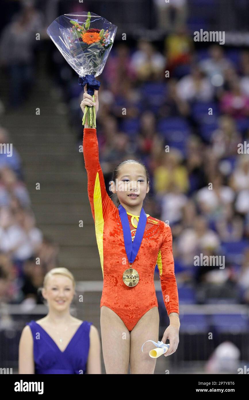 Deng Linlin of China, seen on the podium with her gold medal in the ...