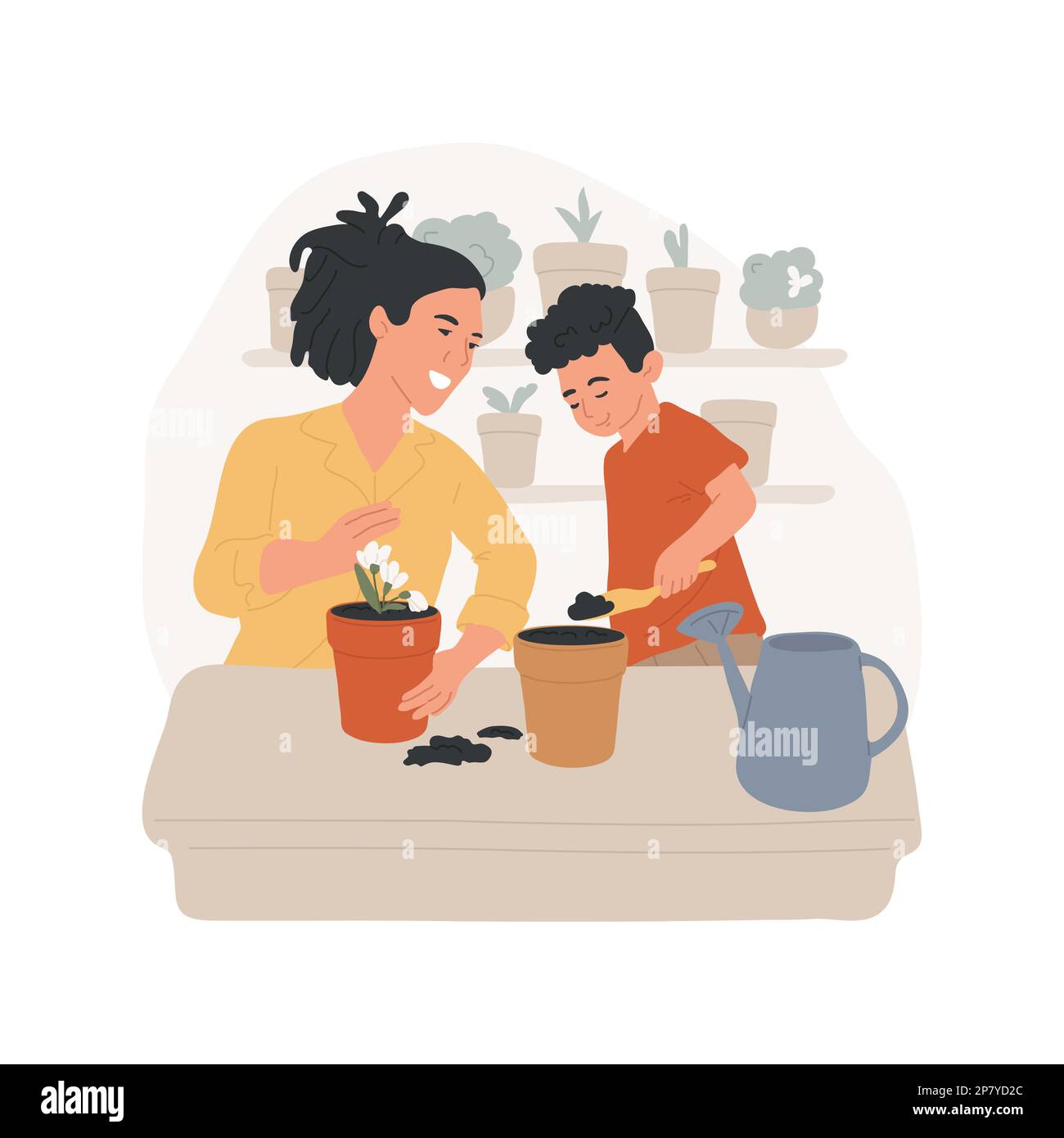Planting flowers isolated cartoon vector illustration. Smiling mother ...