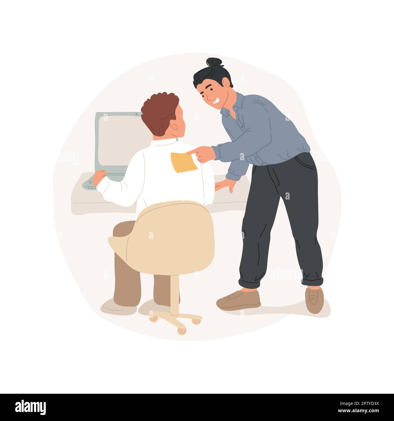 Office jokes isolated cartoon vector illustration. Laughing man pasting ...