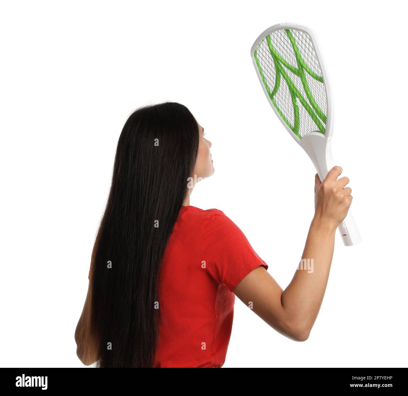 Young woman with electric fly swatter on white background, back view ...