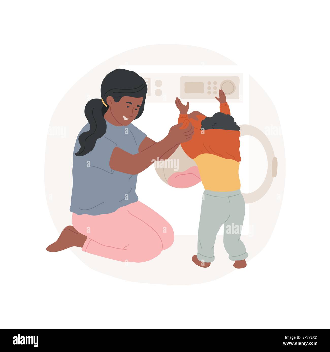 Clean clothes isolated cartoon vector illustration. Young woman changing child clothes, laundry ...