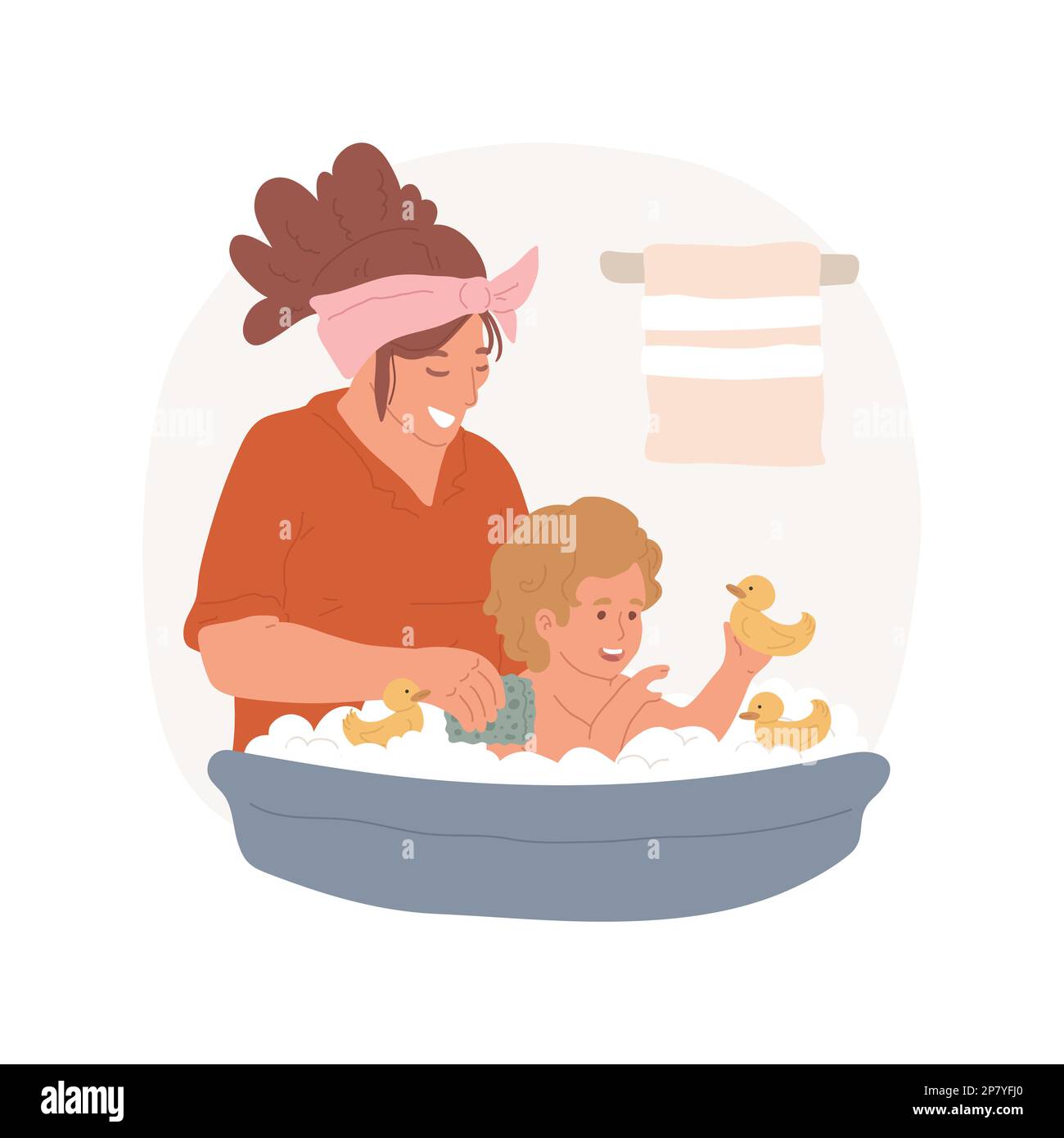 Bathing a toddler isolated cartoon vector illustration. Smiling mom ...