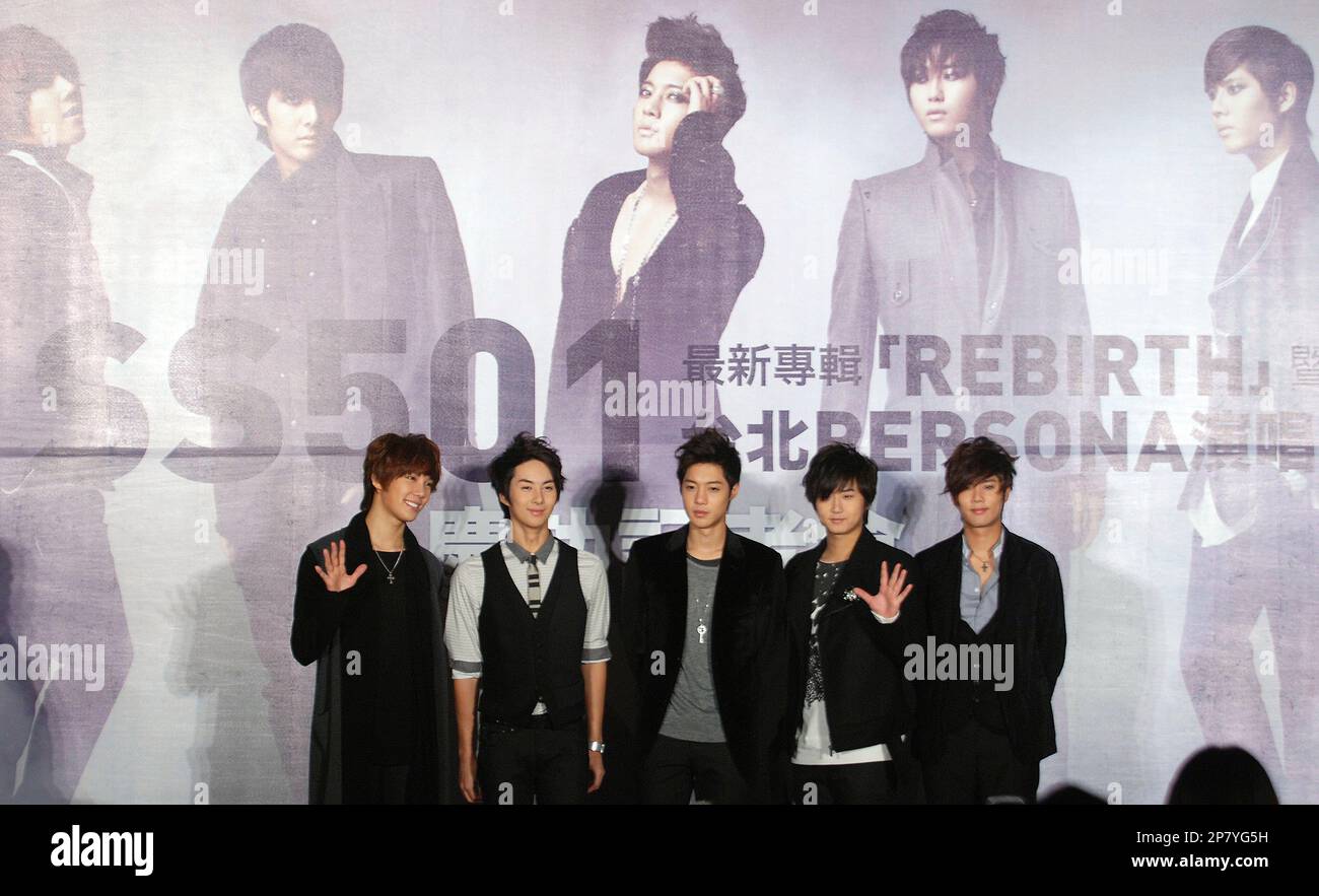 South Korean pop group SS501 poses for photographers during a media ...