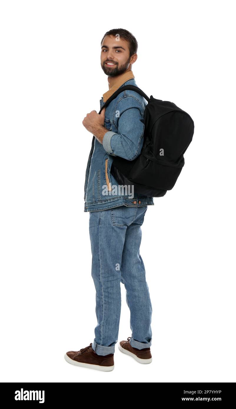 Happy student with backpack on white background Stock Photo - Alamy