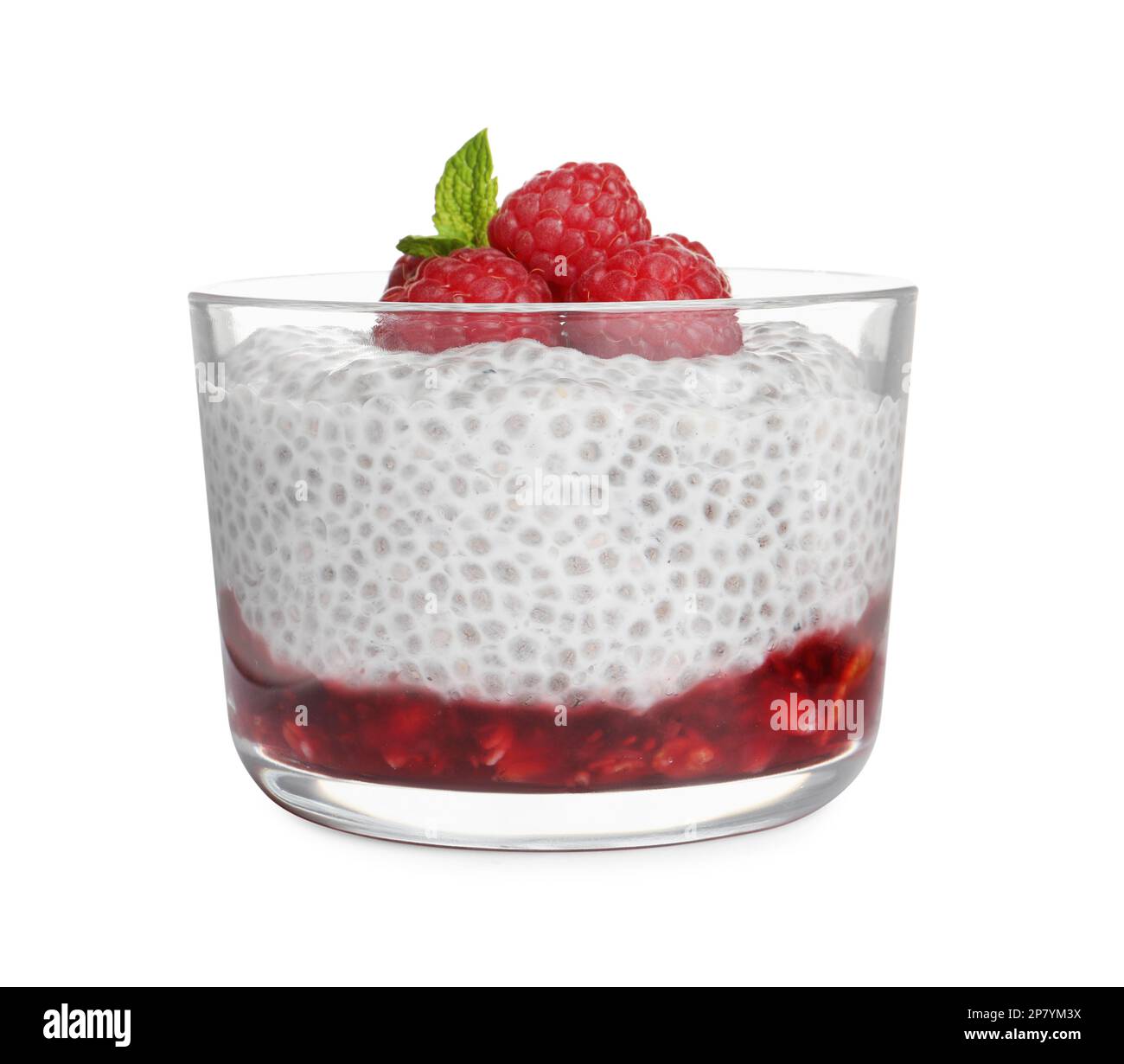 Delicious chia pudding with raspberries and mint on white background ...