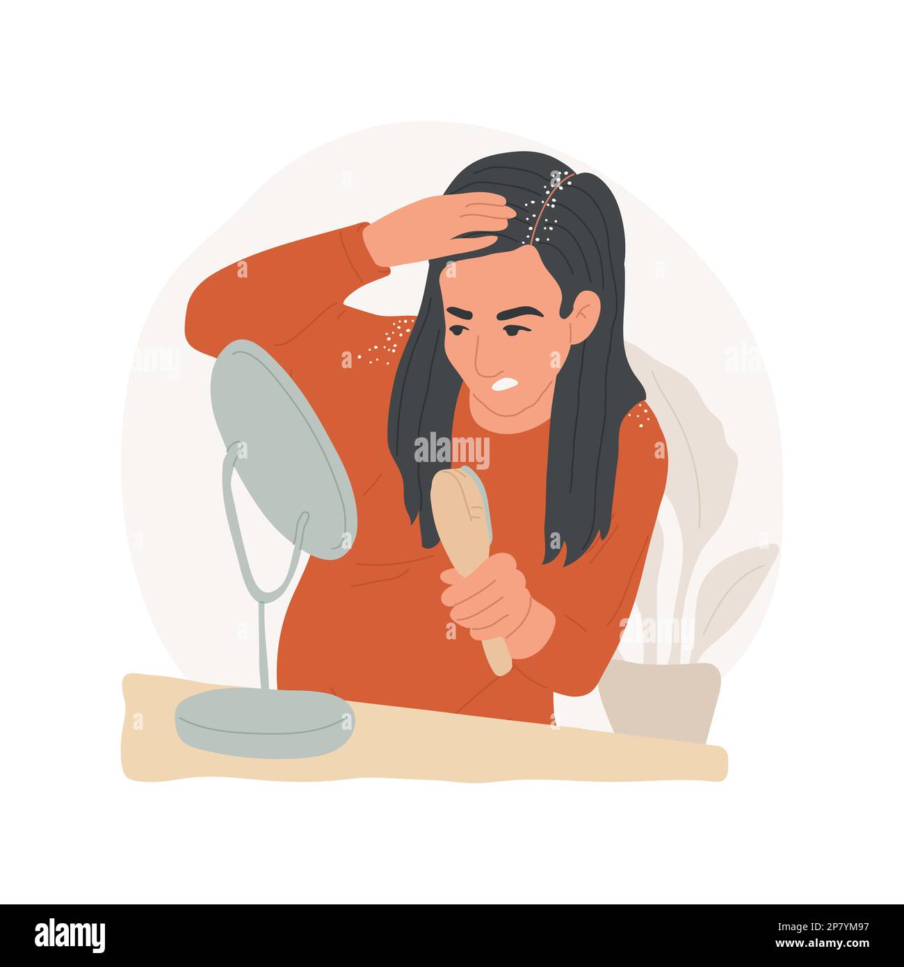 Dandruff isolated cartoon vector illustration. Girl looking at hair ...
