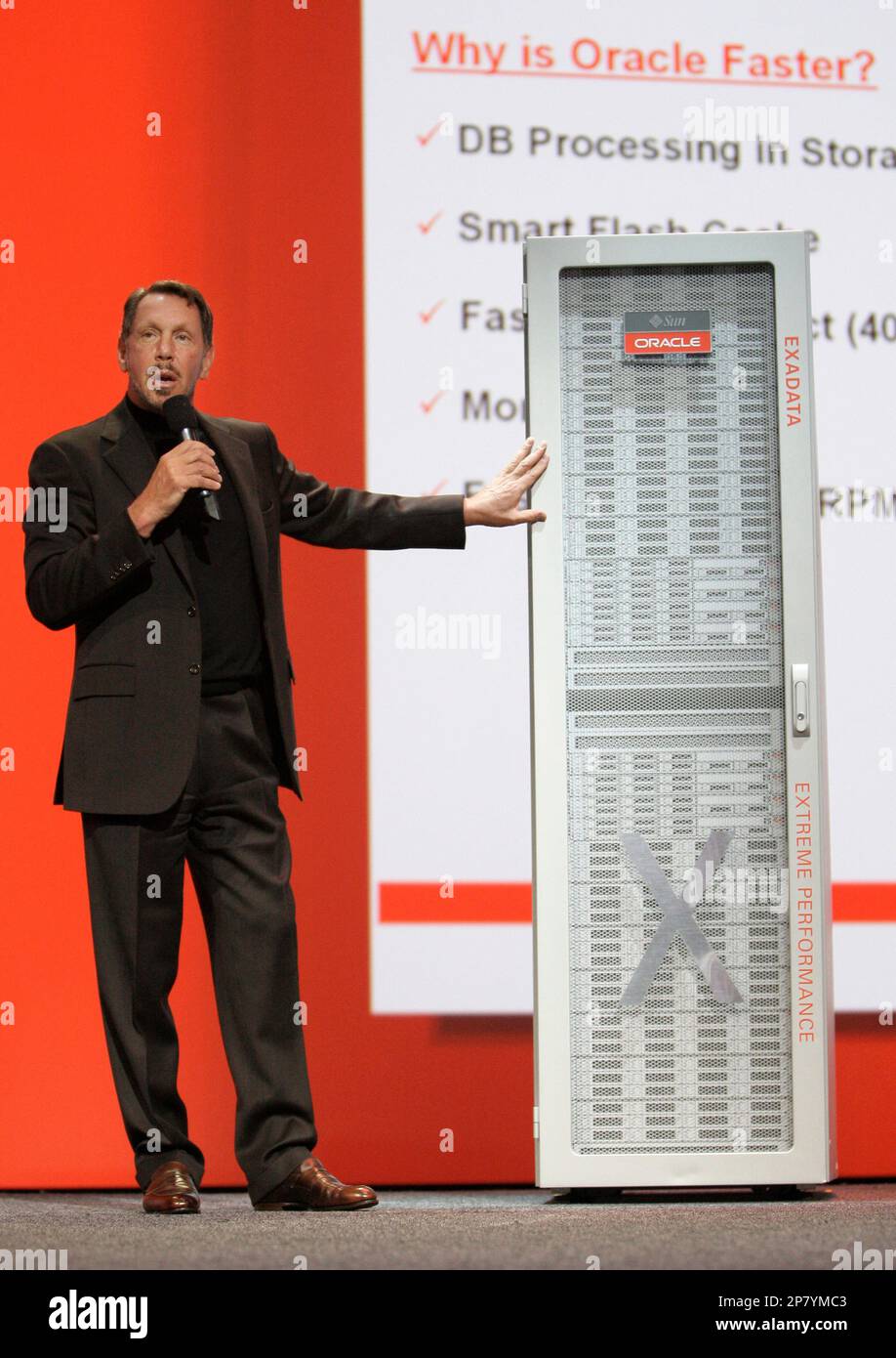Oracle CEO Larry Ellison points to an Oracle Exadata System while ... Oracle CEO Larry Ellison points to an Oracle Exadata System while ...