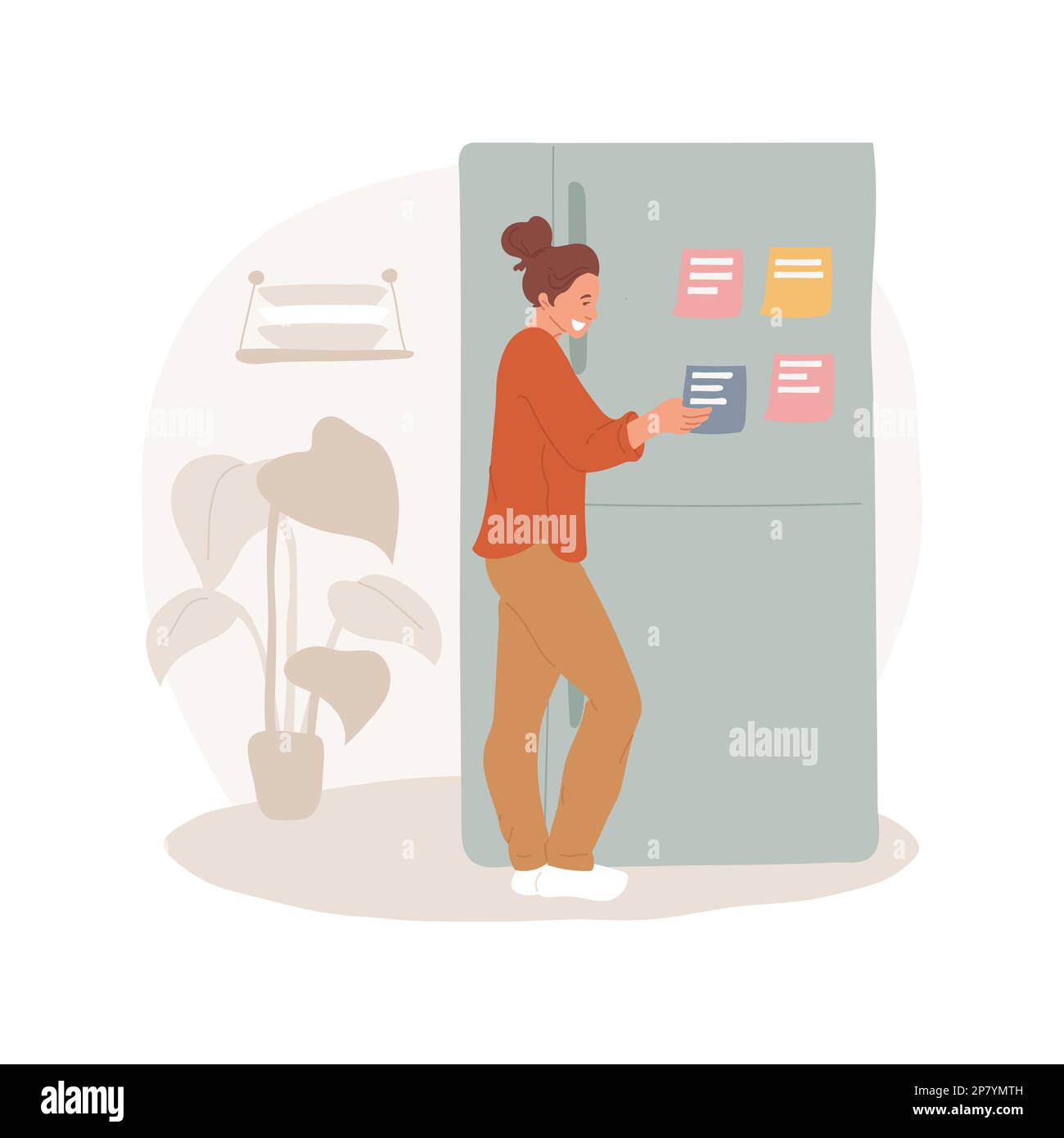 Use signs isolated cartoon vector illustration. Young woman puts ...
