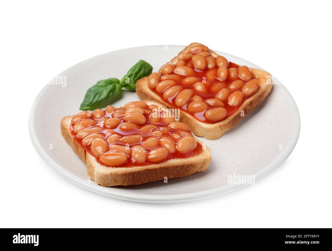 Delicious bread slices with baked beans on white background Stock Photo ...