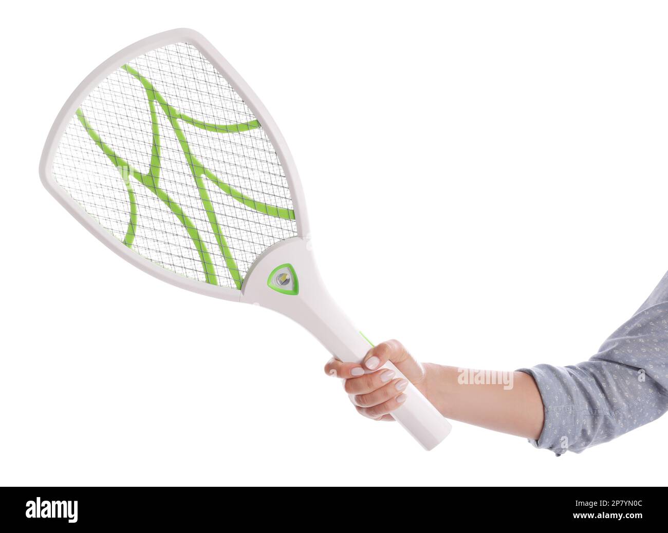 Woman with electric fly swatter on white background, closeup. Insect ...