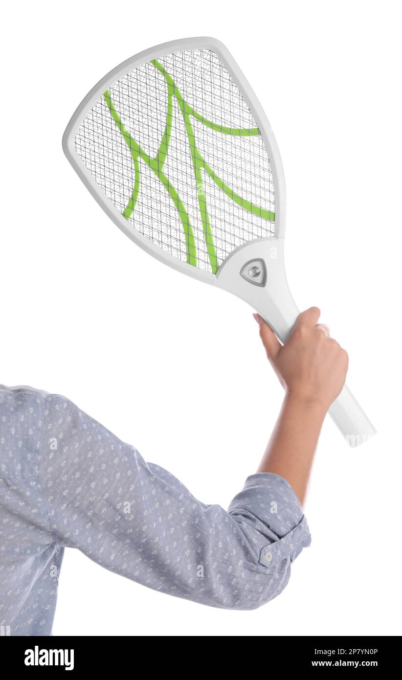 Woman with electric fly swatter on white background, closeup. Insect ...