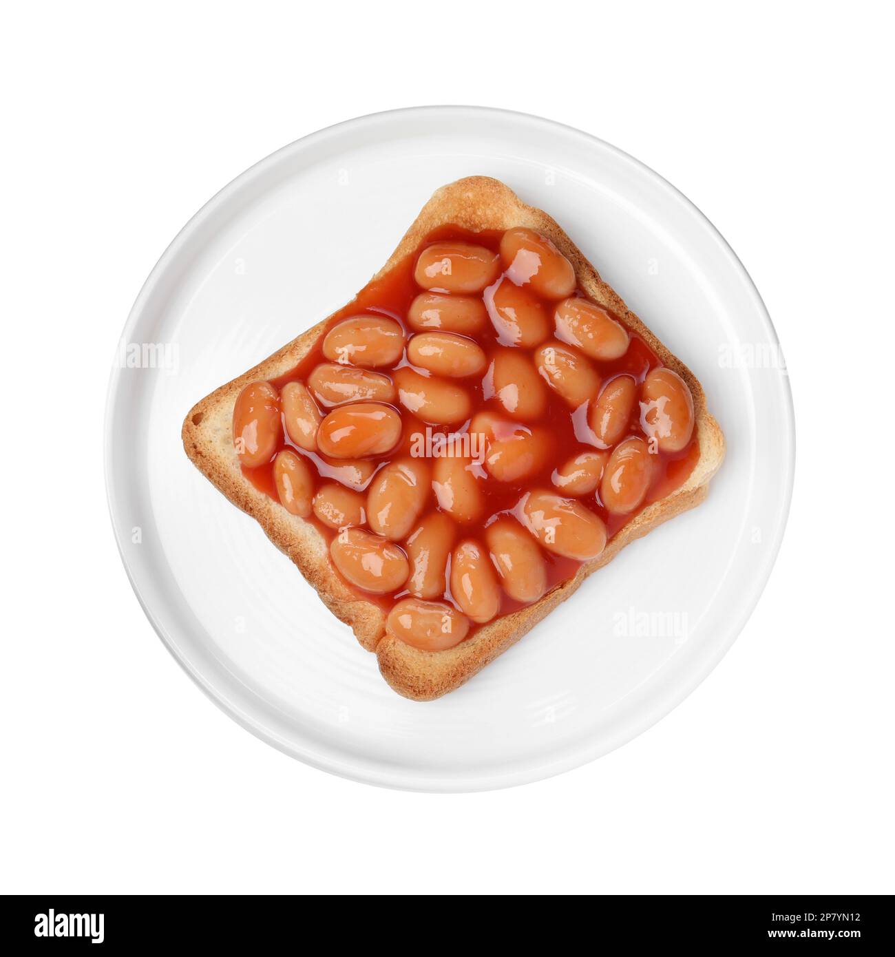 Delicious bread slice with baked beans isolated on white, top view ...