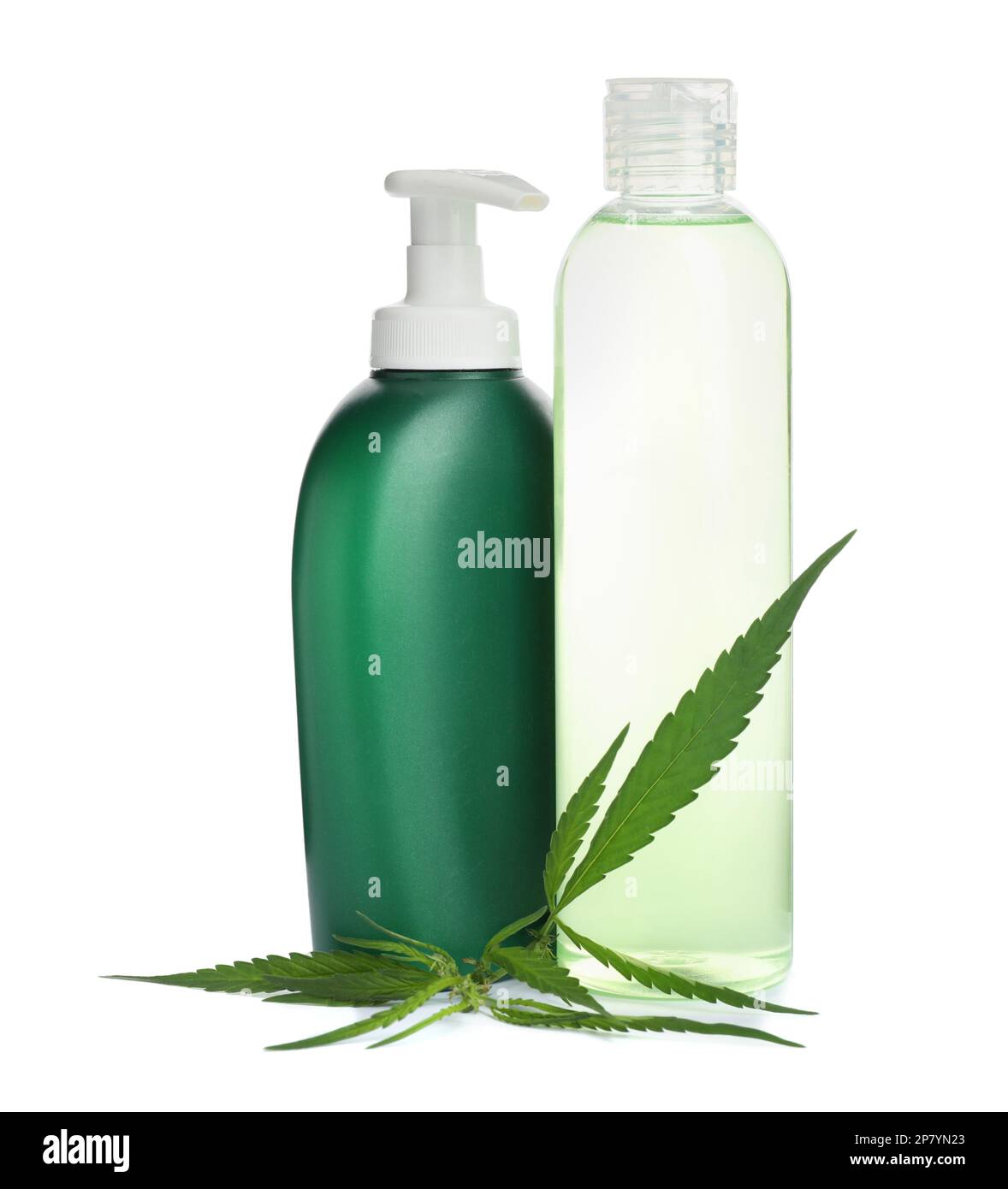 Set of hemp cosmetics with green leaves isolated on white Stock Photo ...