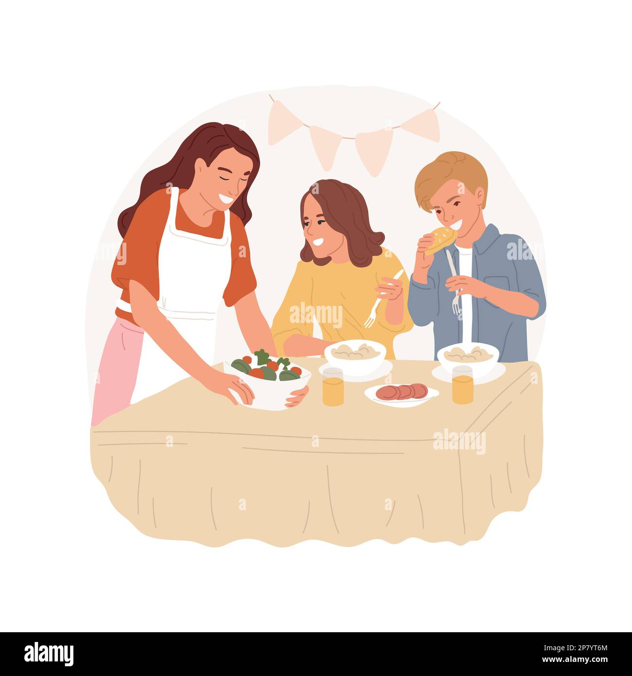 Having dinner together isolated cartoon vector illustration. Smiling teenagers having dinner at ...