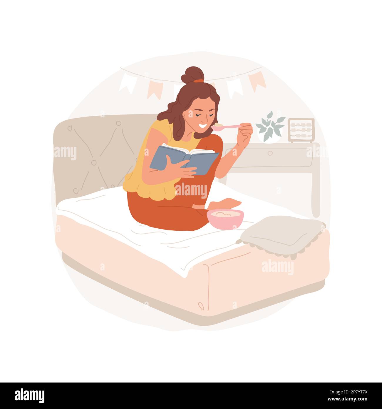 Eating in bed isolated cartoon vector illustration. Attractive girl ...
