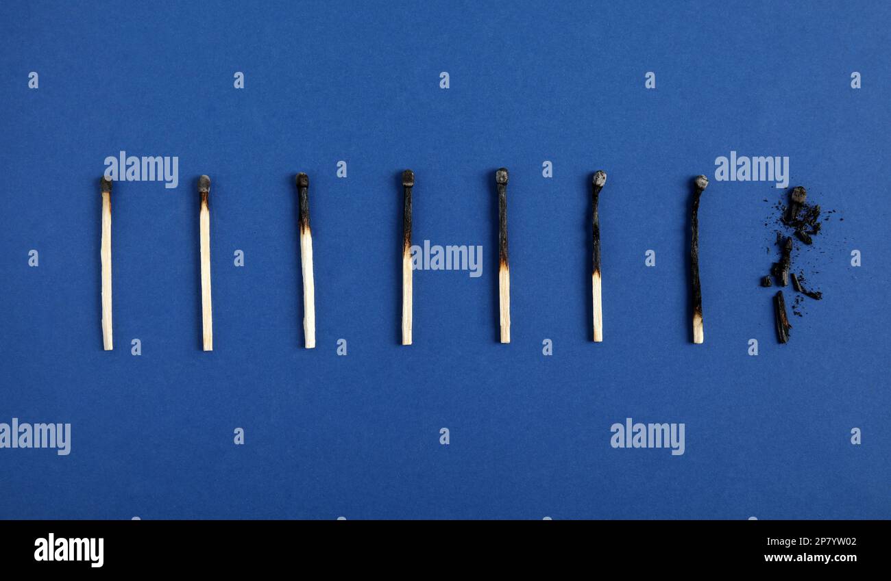 Different stages of burnt matches on blue background, flat lay Stock ...