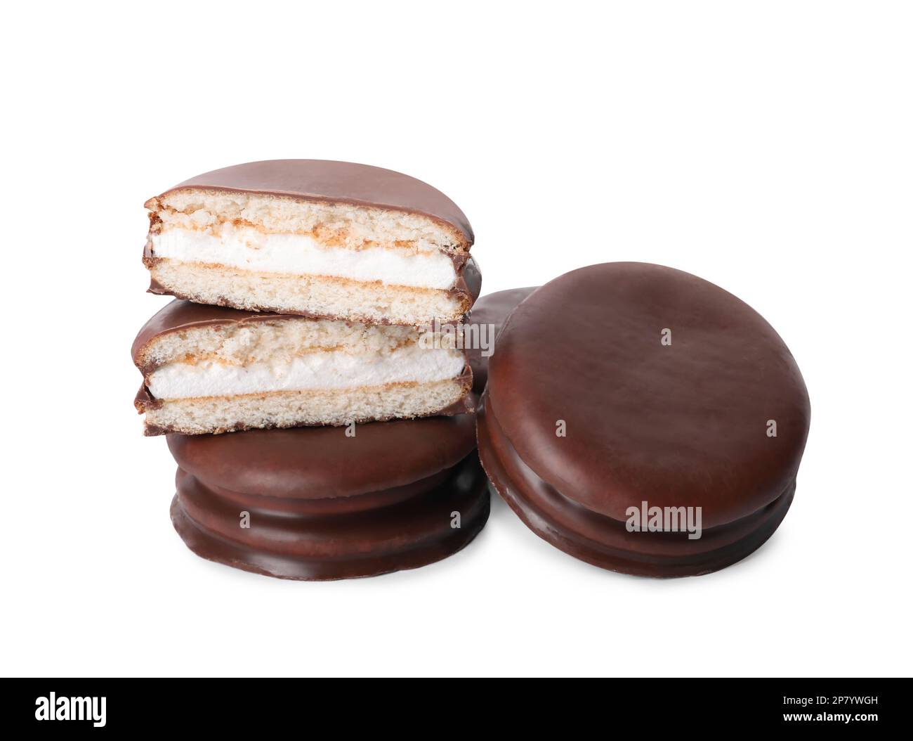 Delicious choco pies on white background. Classic snack cakes Stock ...