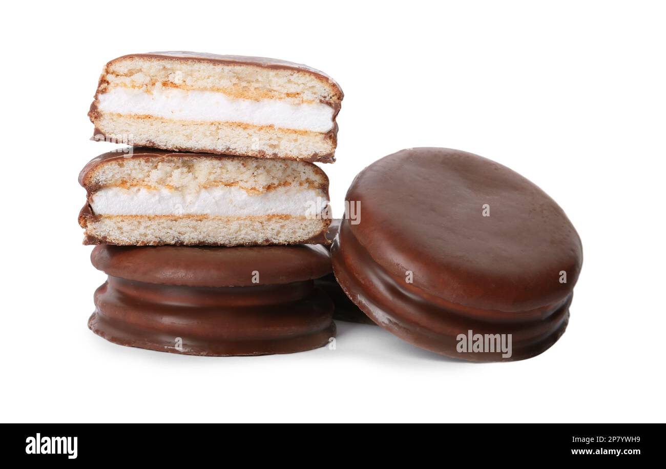 Delicious choco pies on white background. Classic snack cakes Stock ...