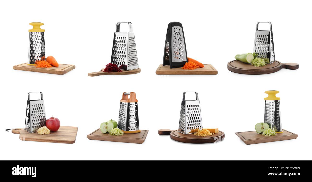 Set with stainless steel graters and fresh products on white background ...