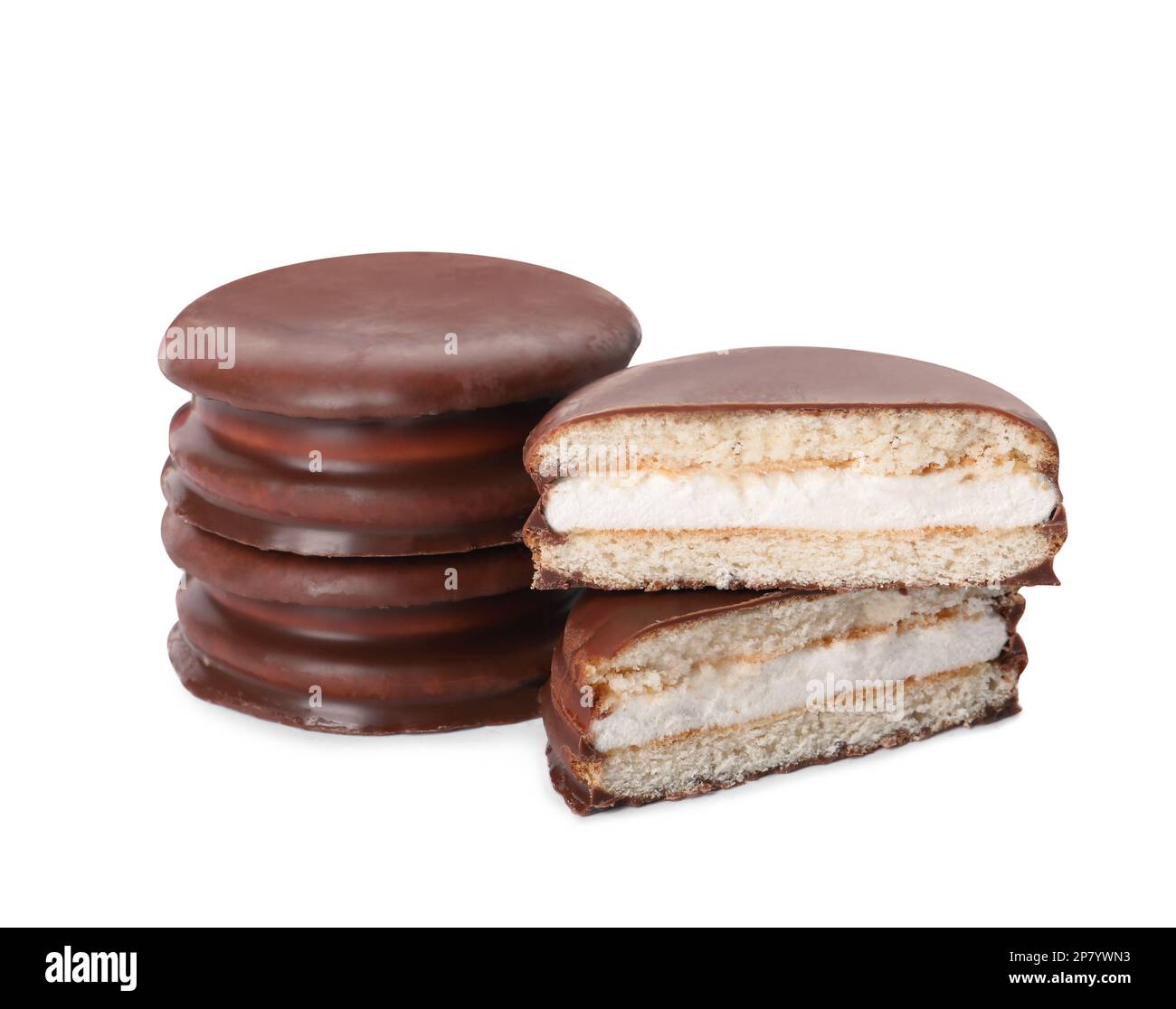 Delicious choco pies on white background. Classic snack cakes Stock ...