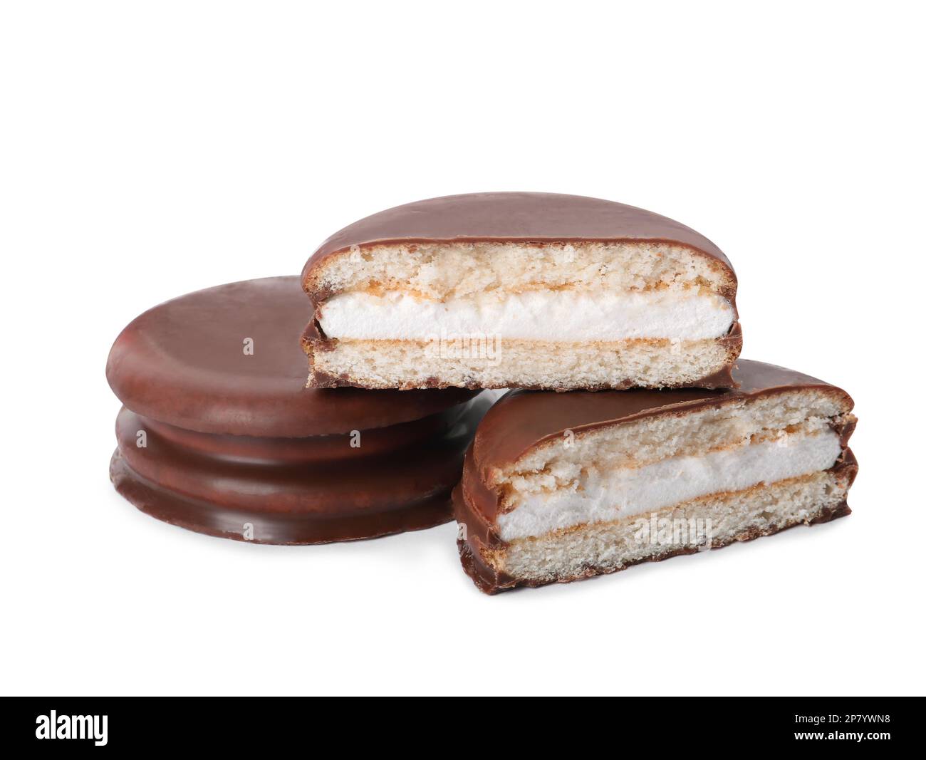 Delicious choco pies on white background. Classic snack cakes Stock ...