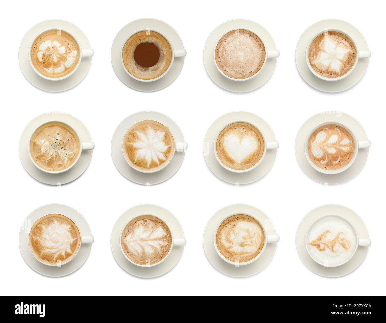 Set with cups of tasty aromatic coffee on white background, top view ...