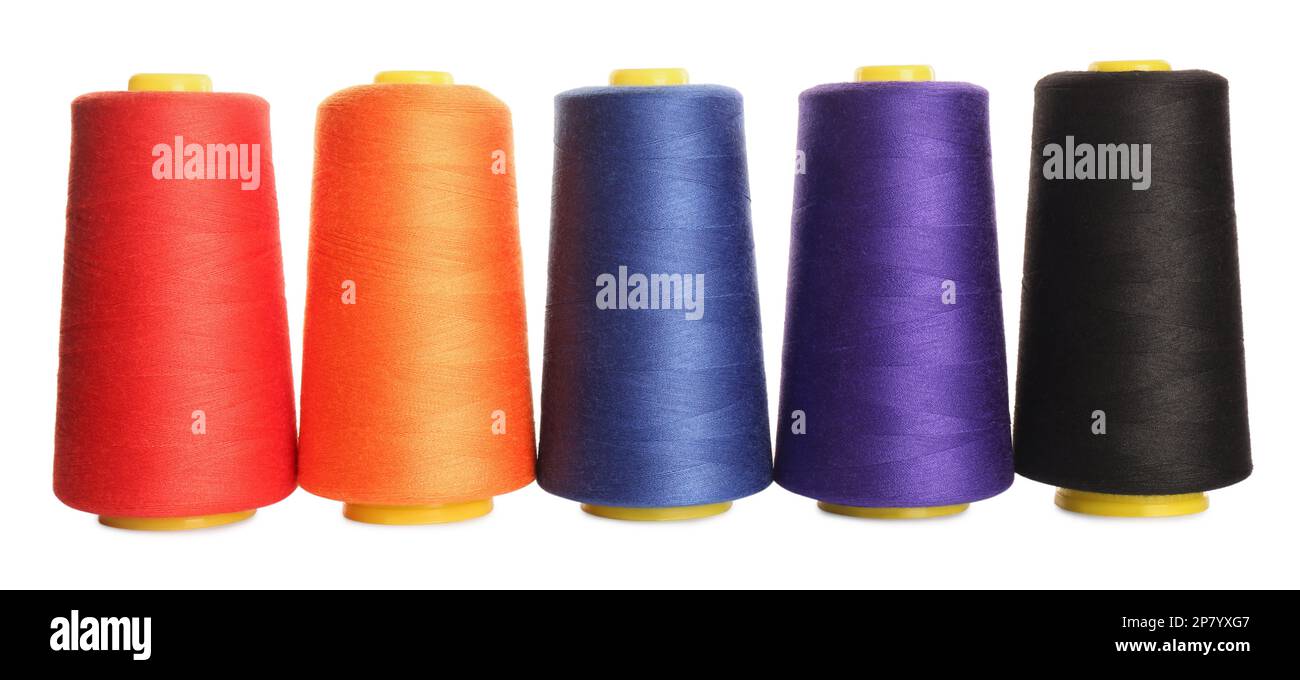 Set of colorful sewing threads on white background Stock Photo - Alamy