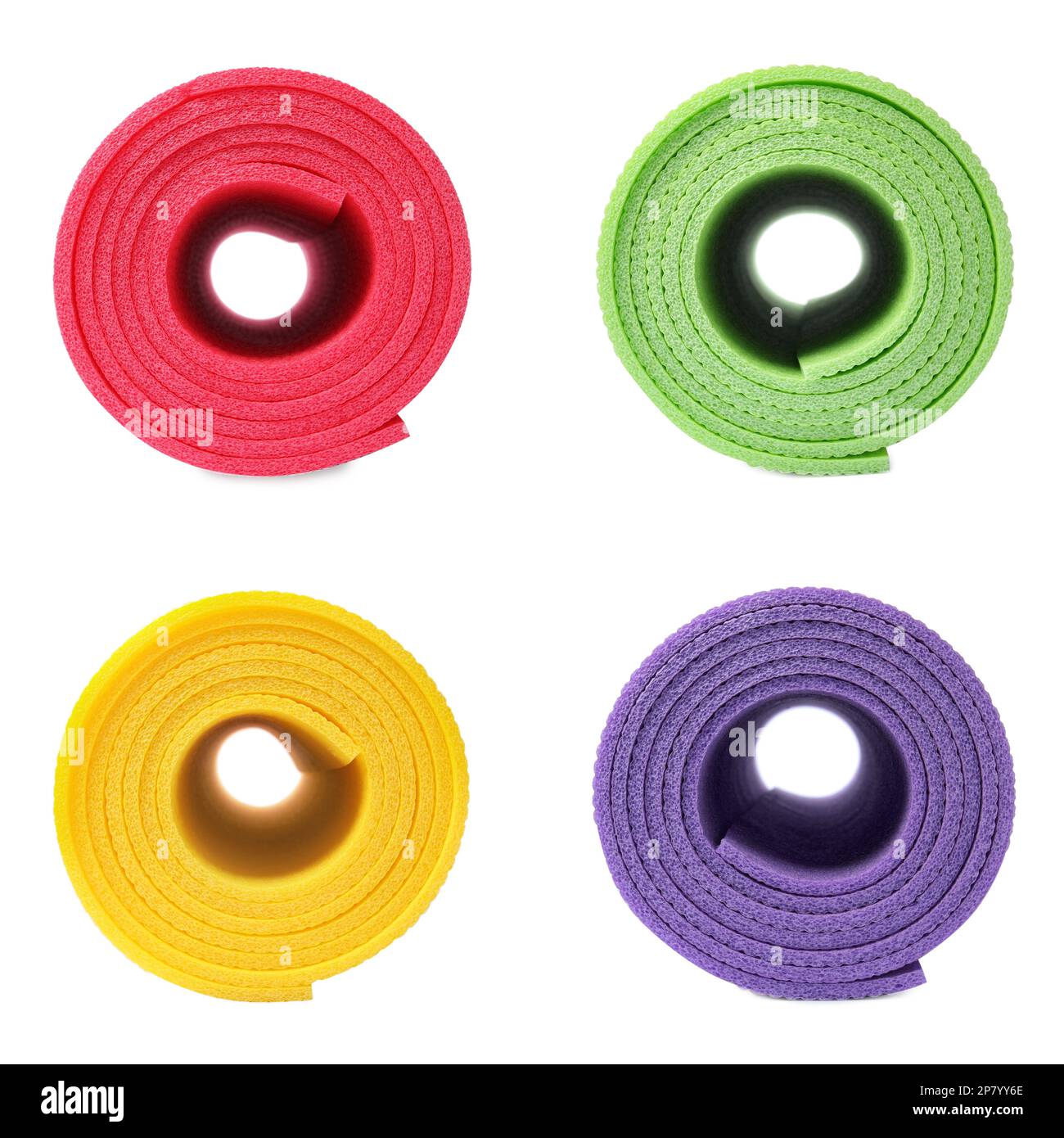 Set with colorful rolled camping mats on white background Stock Photo ...