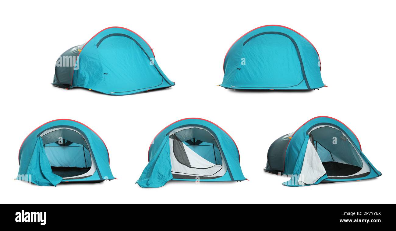 Light blue camping tents on white background, collage Stock Photo - Alamy