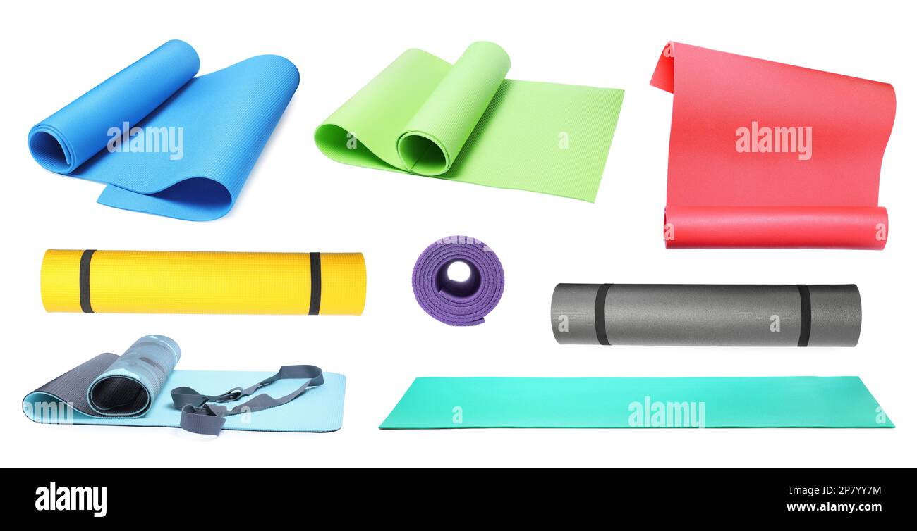 Set with colorful camping mats on white background Stock Photo - Alamy