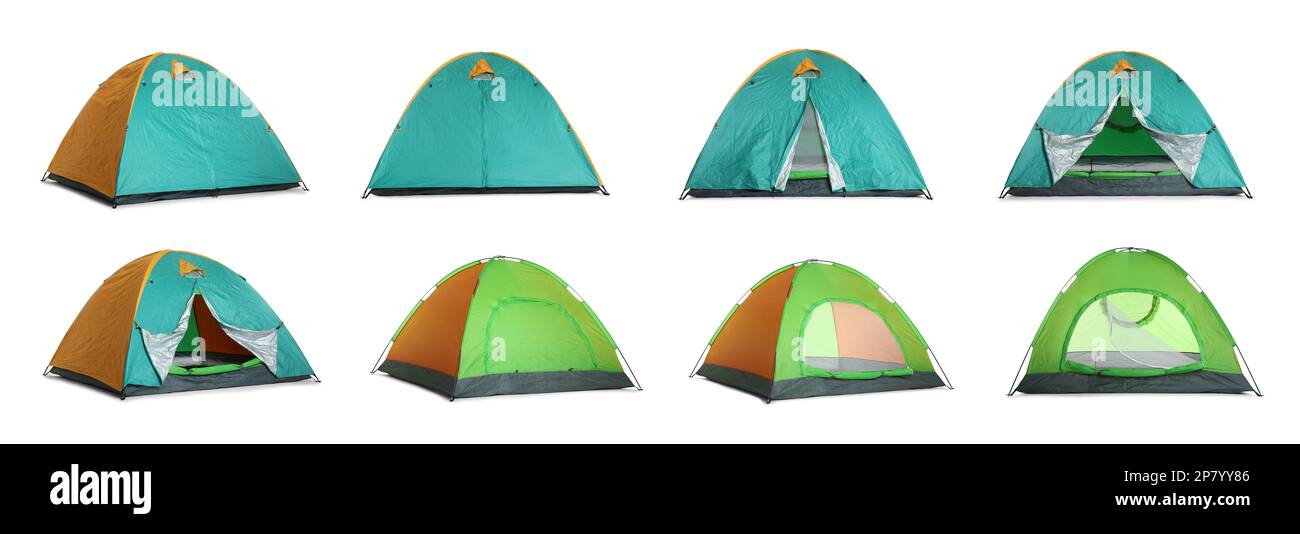 Colorful camping tents on white background, collage. Banner design ...