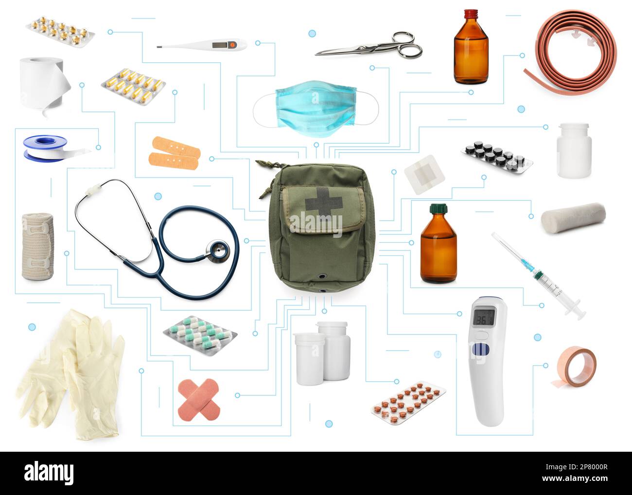 First aid kit. Set with different medical supplies on white background ...